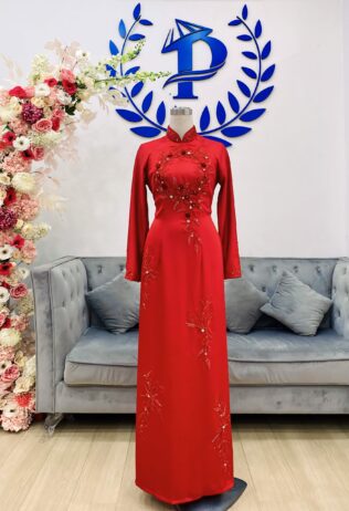 Áo dài cô dâu lụa tô châu đỏ kết hoa cườm - Áo dài Phạm